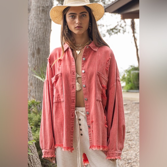 POL | Jackets & Coats | 3 Start Pol Distressed Jacket Cherry | Poshmark